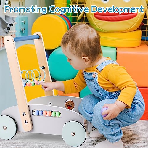 Wooden Baby Walker, Push Toys for Babies Learning to Walk,Shopping Cart for Kids Garden Wagon and Play Set with Abacus Blocks Push and Pull Learning Walking Educational Gift for Toddler Boy Gir 2 3
