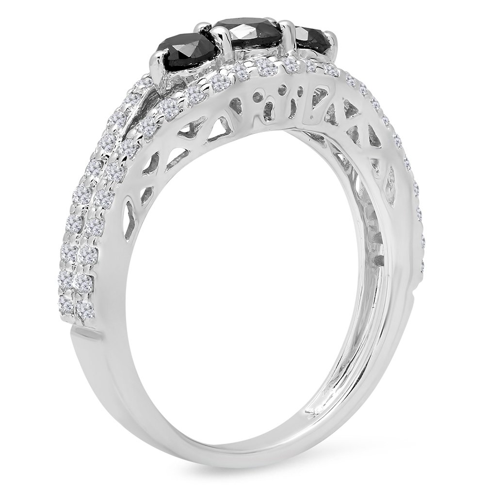 Dazzlingrock Collection 1.25 Carat (ctw) Round Black & White Diamond Women 3 stone Engagement Bridal Ring 1 1/4 CT, Sterling Silver, Size 8