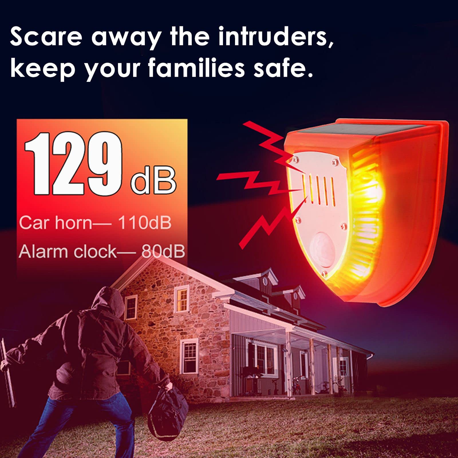 HULPPRE Solar Outdoor Motion Sensor Alarm-Dog Barking&Gunshot Sound,129db Loud Noise Maker,3 Work Modes Strobe Light with USB,Say Goodbye to The Unwanted Explorers