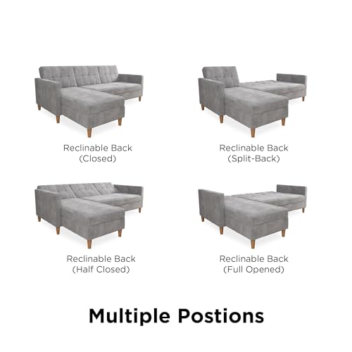 DHP Hartford Storage Sectional Futon with Interchangeable Chaise, Space-saving Design with Multi-position Back, Wooden Legs, Light Grey Chenille