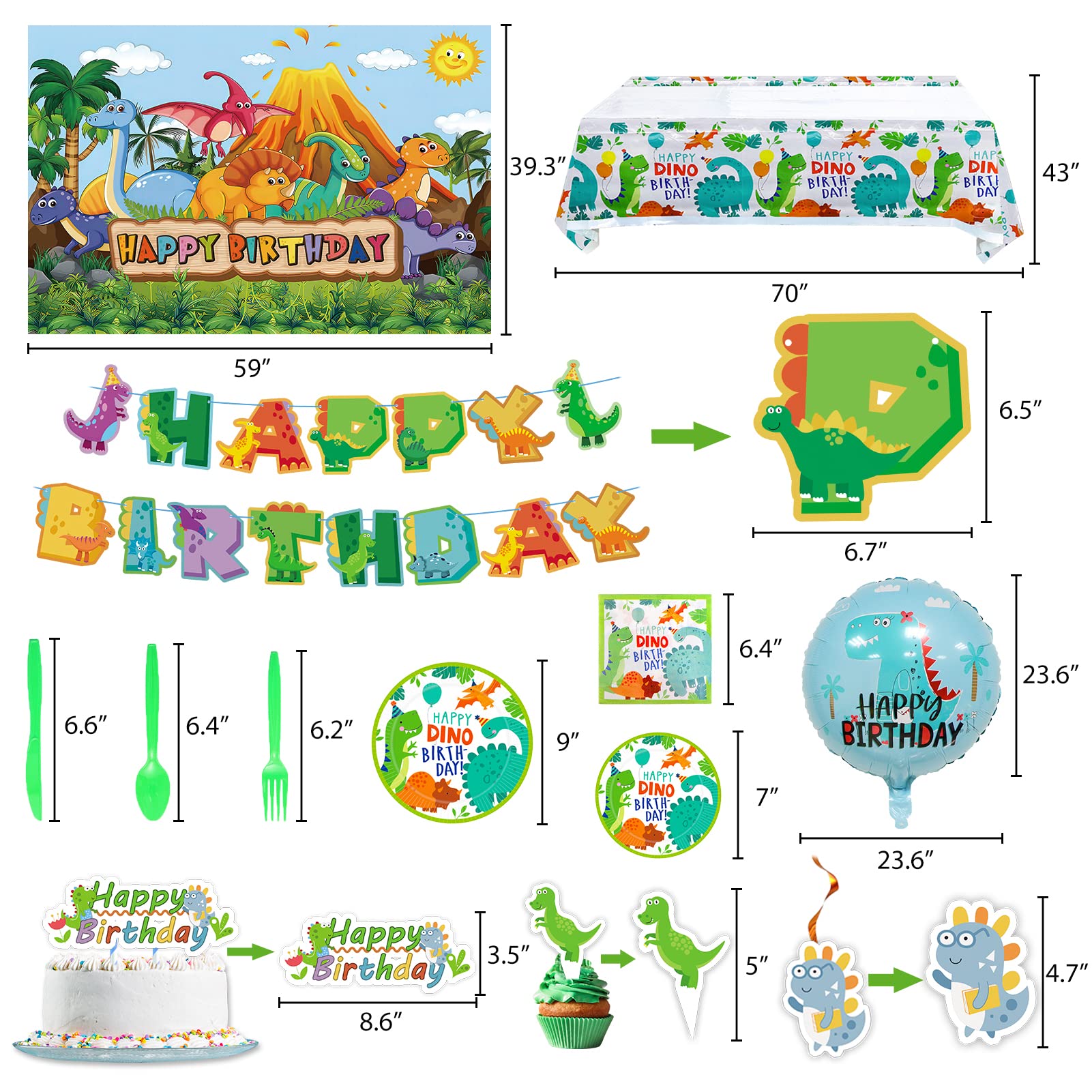 Dinosaur Birthday Party Supplies - Dinosaur Party Decorations Include Banner, Backdrop, Tableware, Cake Toppers, Balloons, Hanging Swirls, Dinosaur Style Party Supplies