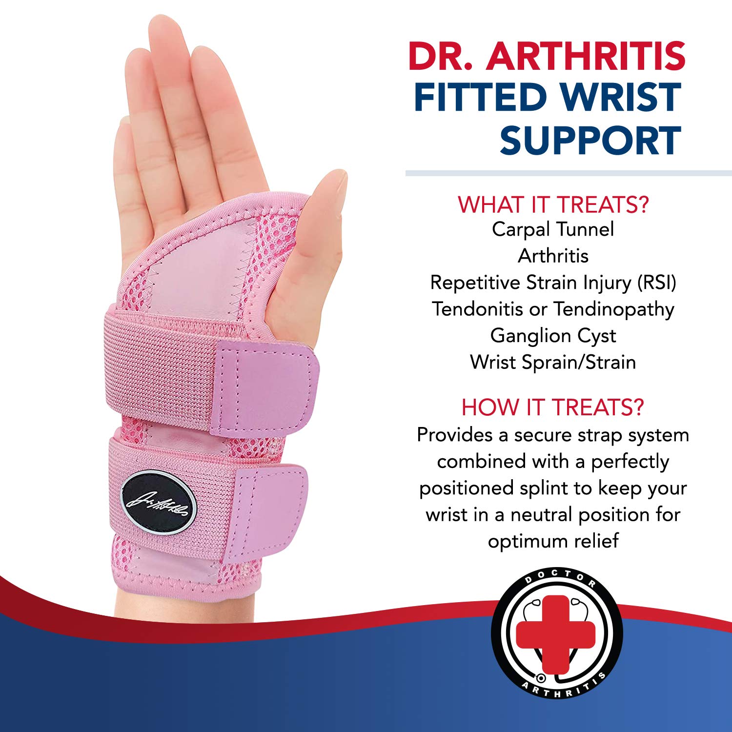 Doctor Developed Comfy,Lightweight,Wrist Support-Strap-Brace-Hand Support, Perfect fit for Right Hand, for Men and Women by Dr Arthritis - Single (Pink)