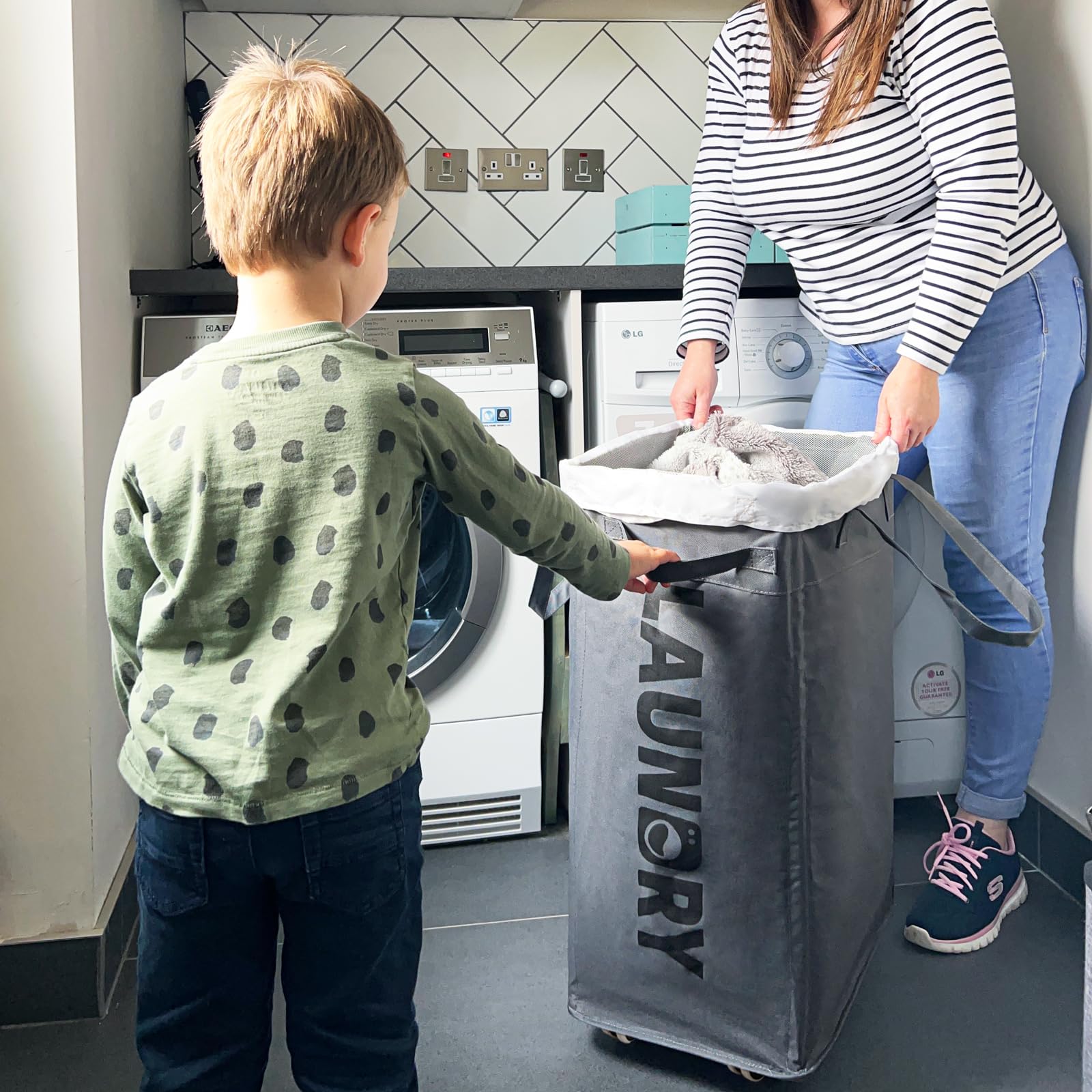 Goodpick Laundry Basket with Wheels, 75L Collapsible Laundry Hamper, Clothes Hamper with Removable Wash Bag for Laundry Room, Rolling Laundry Basket with Handles, Grey
