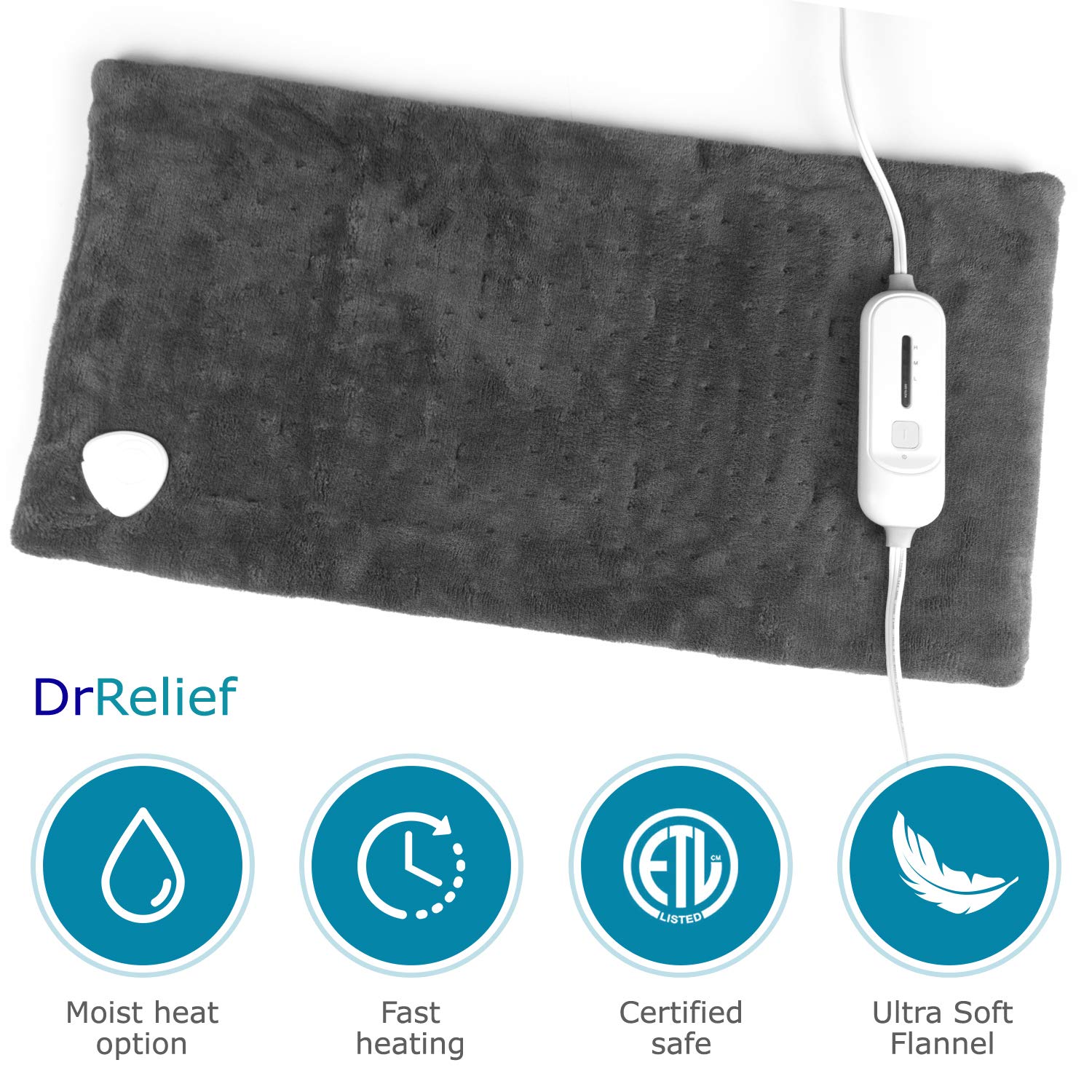 Dr Relief Full Back Heating Pad Fast Heating Wrap with Auto Shut Off for Back, Neck and Shoulder, Abdomen, Waist Pain Relief, Dry/Moist Option (17"x33", Gray)