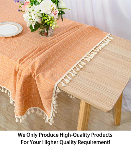 Rectangle Tablecloth Cotton Tablecloth Wrinkle Free Dust-Proof Table Cloth Checkered Design Tablecloth Heavy Weight Cotton Linen 55"x86" Coral Embroidery Tassel Tablecloth for Home Kitchen Tables