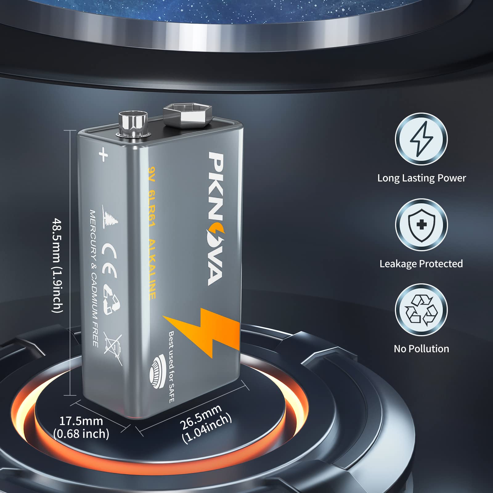 Fseofu PKNOVA 9V Batteries, 6-Count Alkaline Battery, 9V Battery for Smoke Detector, Ultra Long-Lasting, 10-Year Shelf Life
