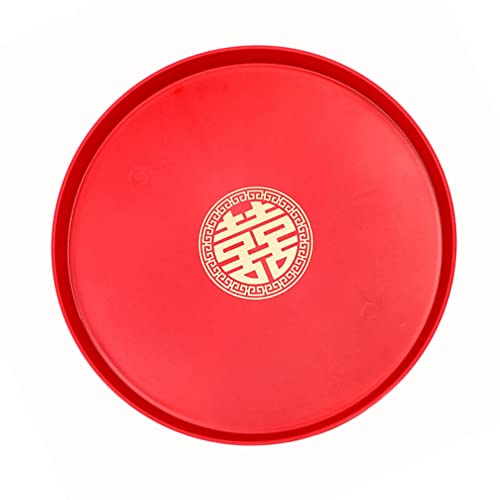 jojofuny Chinese Wedding Serving Tray Platter: Red Fruit Plate Round Tea Tray Large Plastic Snack Dishes for Chinese Traditional Wedding Decoration Supplies