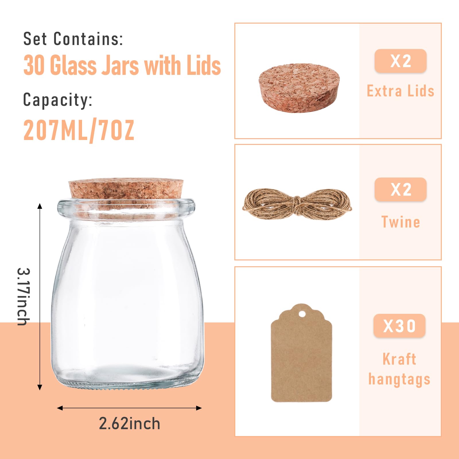 Miukada Small Glass Jars with Cork Lids 7 oz, Yogurt Jars 30 Pack, Pudding Jars, Mini Containers with Cork Lids, Little Decorative Jars, Terrarium Canisters for Herb, Candy, Party Favor