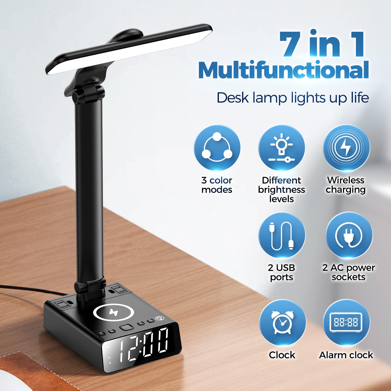 Docusvect LED Desk Lamp with 2 USB Charging Ports and 2 AC Outlets, 3 Lighting Modes ร Stepless Dimming LED Desk Lamp with 15W Wireless Charger, Digital Alarm Clock for Home Office & College Dorm Room