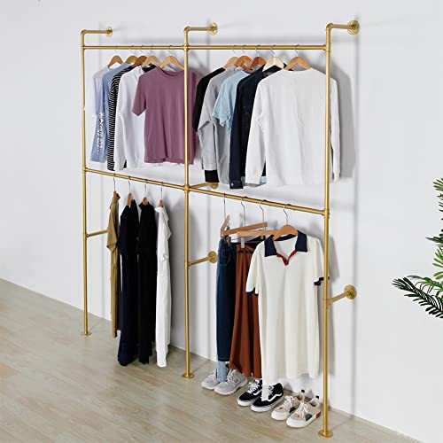 ZGZR Industrial Pipe Clothes Rack Metal Clothing Store Display Stands Wall Mounted Garment Rack, Heavy Duty Hanging Rod for Closet Storage, 89.8in Gold