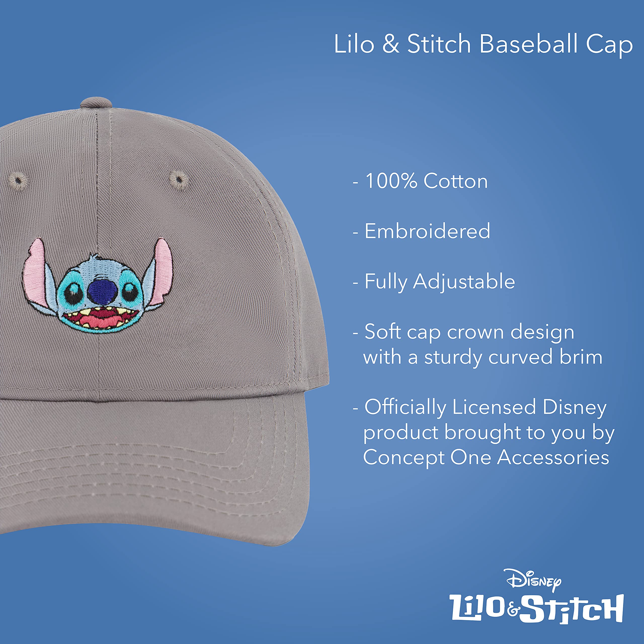 Disney Stitch Dad Hat, Adjustable Cotton Baseball Cap with Curved Brim, Grey, One Size