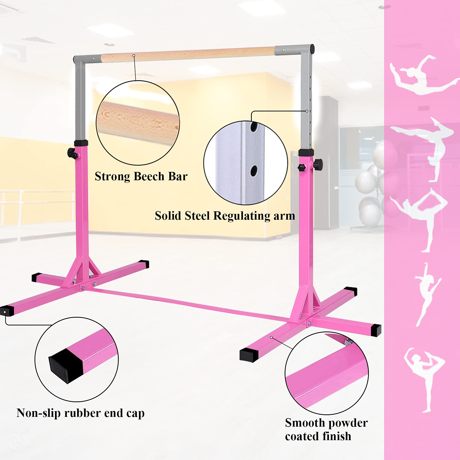 EASIGO Gymnastics Junior Training Bar - Stainless Steel 36"-59" Adjustable Weights Gymnastics Bars 1-4 Levels, 220 lbs Weight Capacity, Suit for Indoors, Home Practice (Pink)