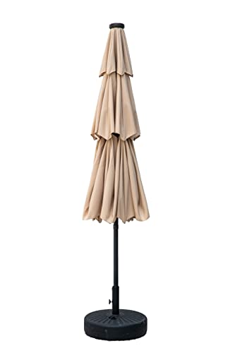 PUPZO 10FT 3 Tiers Sunbrella Patio Solar 32 LED Lighted Umbrella Outdoor with 8 Ribs (KHAKI)