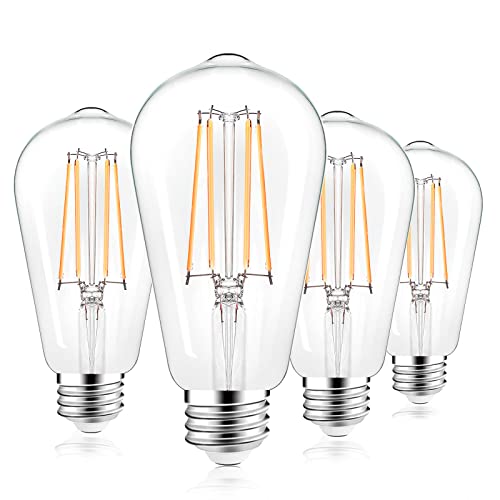 PARTPHONER LED Light Bulbs Dimmable Vintage Edison Bulb, E26 LED Bulb 60W Equivalent 720 Lumens, Warm White 2700K, ST58 Antique LED Filament Bulb CRI 85+, Clear Glass, Pack of 4