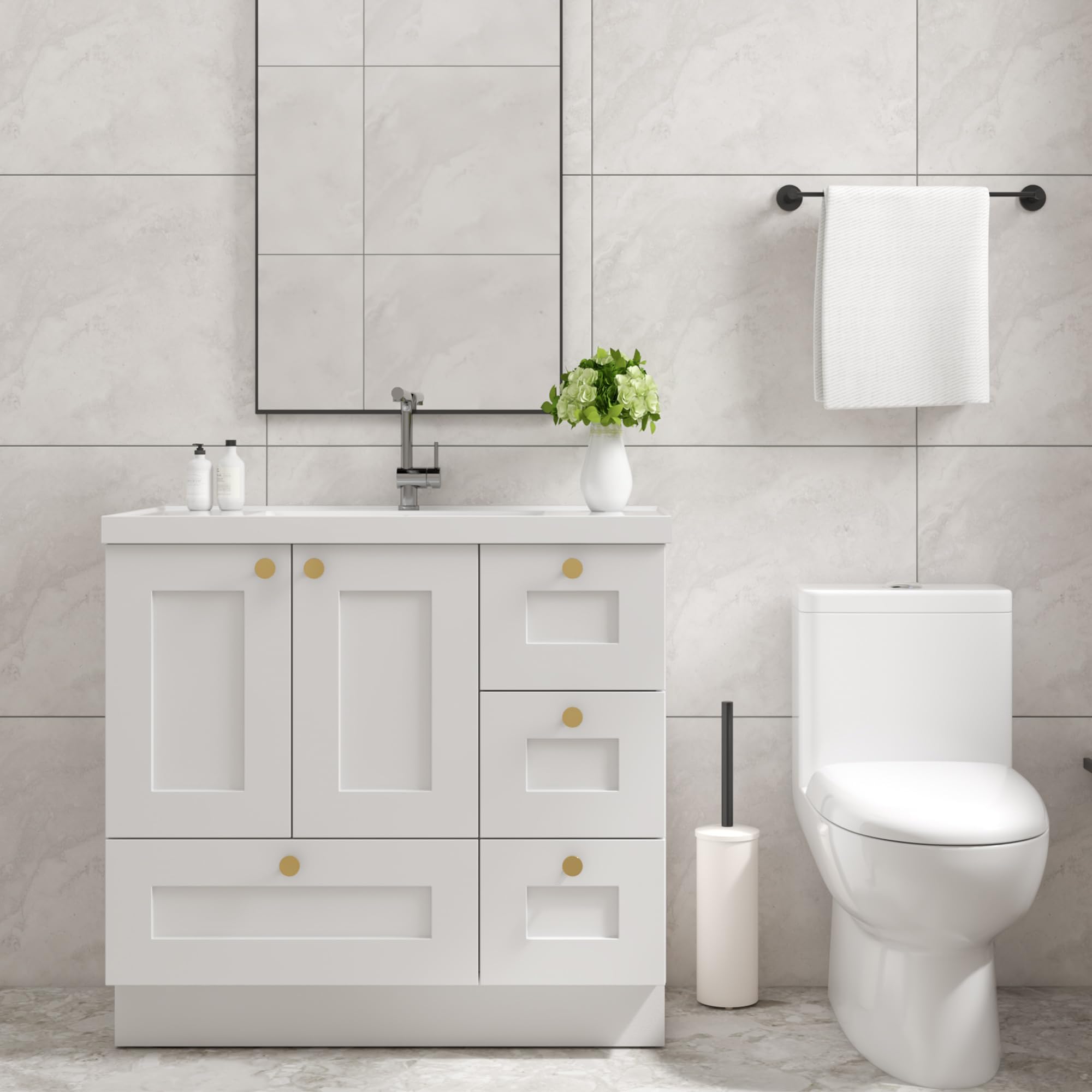 JPND White Shaker Style 36" Bathroom Vanity with Sink Top, Wooden Double Door Bathroom Storage Vanity with Soft-Close Door and 4 Drawers (Faucet and Knobs Not Included)