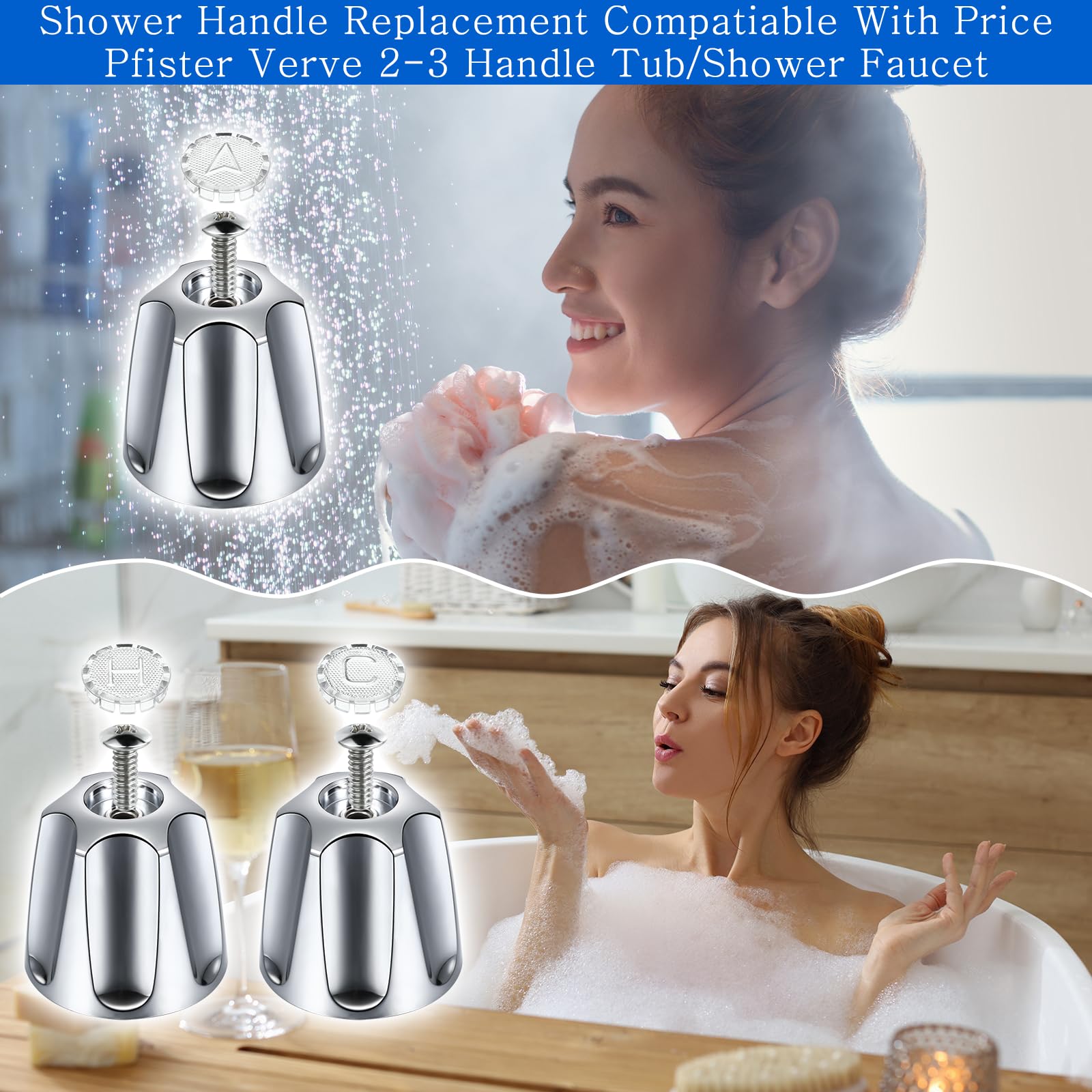Dreyoo 3 Piece Shower Knob Replacement Compatible with Price/pfister Verve Tub Shower, Bathtub Shower Faucet Handle Remodel Trim Kit Include 1 Hot 1 Cold 1 Diverter and 3 Screws(Polished Chrome)