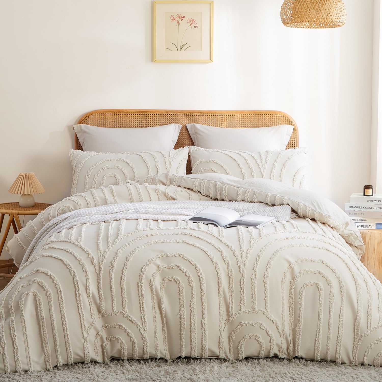 Nayoroom Boho Duvet Cover Queen Size Beige Tufted Chenille Rainbow Textured Comforter Cover 3 Pcs Luxury Soft Washed Microfiber Aesthetic Bedding Set with Zipper Closure for All Seasons