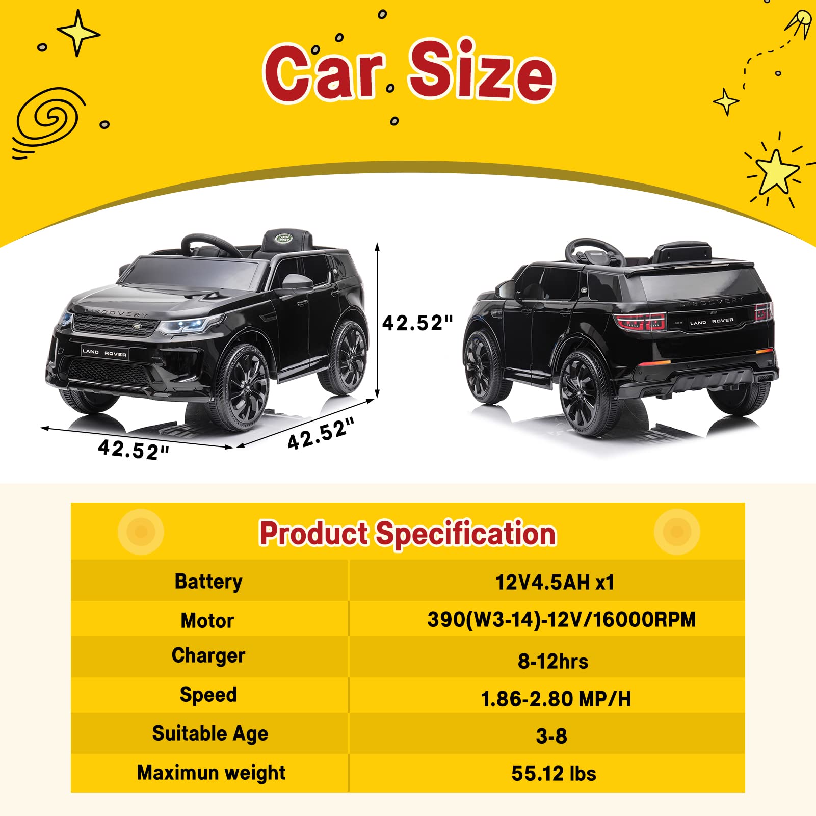 Hetoy Ride on Car for Kids 12V Power Battery Electric Vehicles Licensed Land Rover Ride On Truck w/Parent Remote Control, MP3 Player, Rocking, Pull Rod (Black)