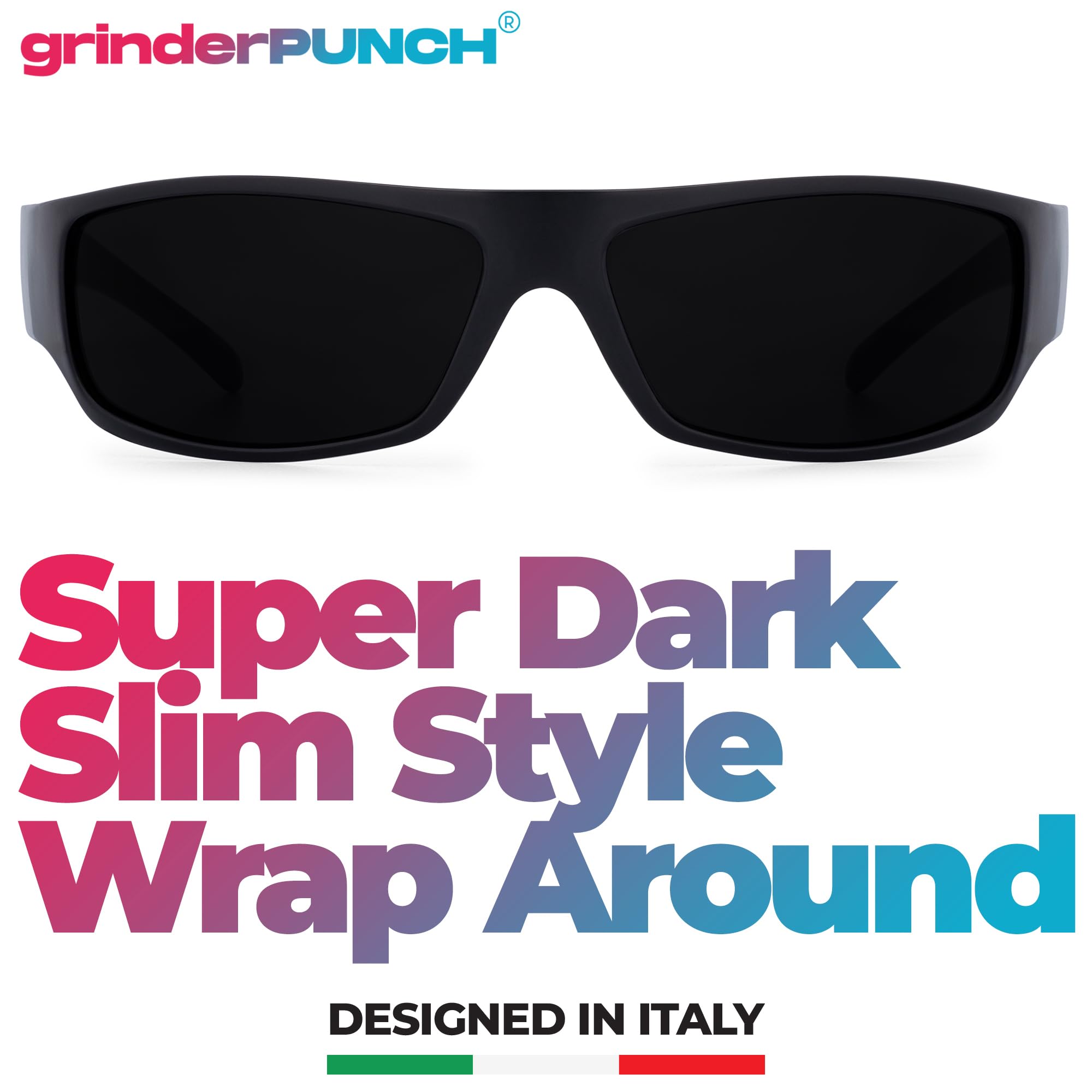grinderPUNCH Mens Black Super Dark Sunglasses - Slim Wrap Around Gangster Style (Matte Black)