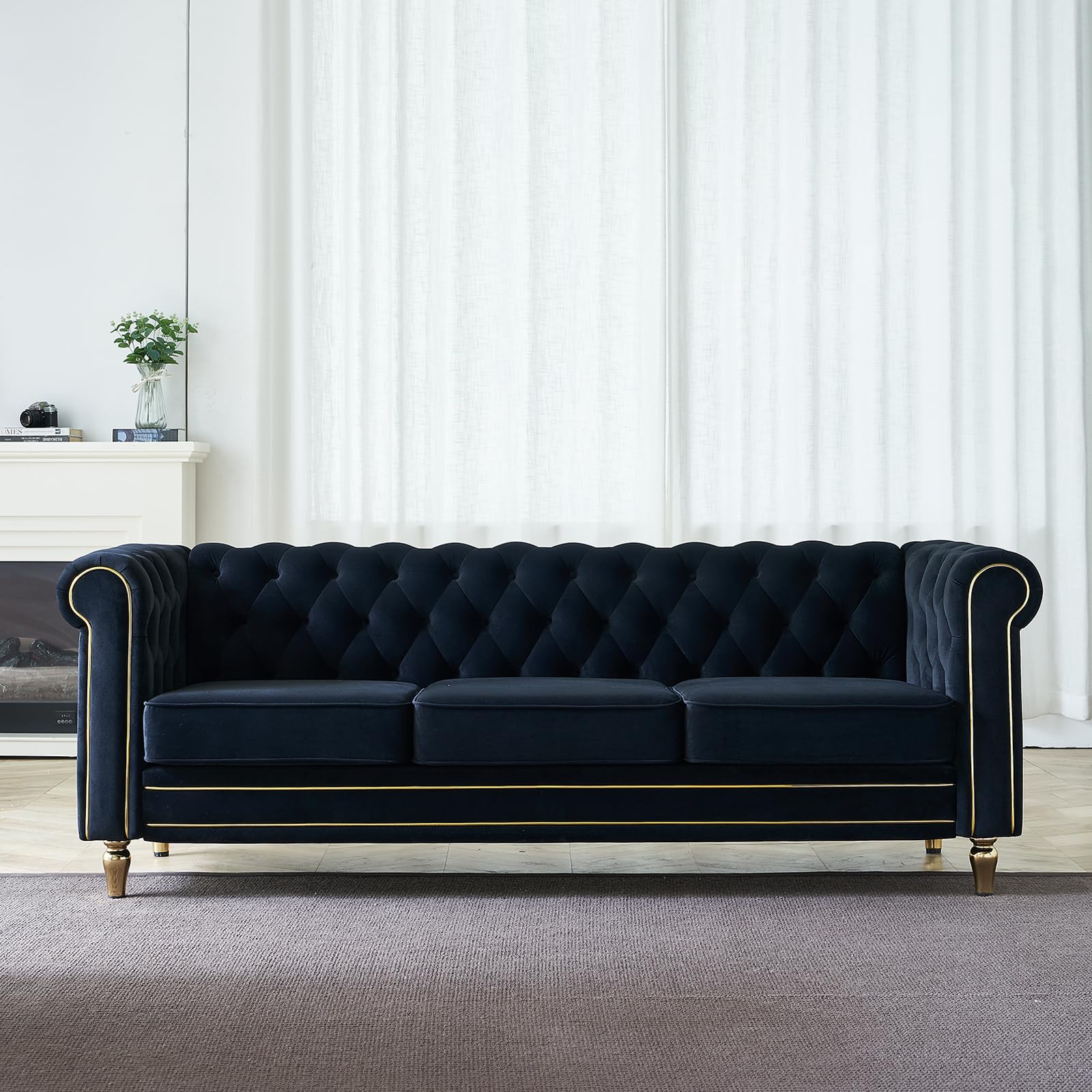 Neylory Modern Velvet Sofa Couch for Living Room,85 Inch 3 Seater Chesterfield Couches with Button Tufted Back and Roll Arms,Upholstered Sofas for Bedroom,Apartment,Office (Black)