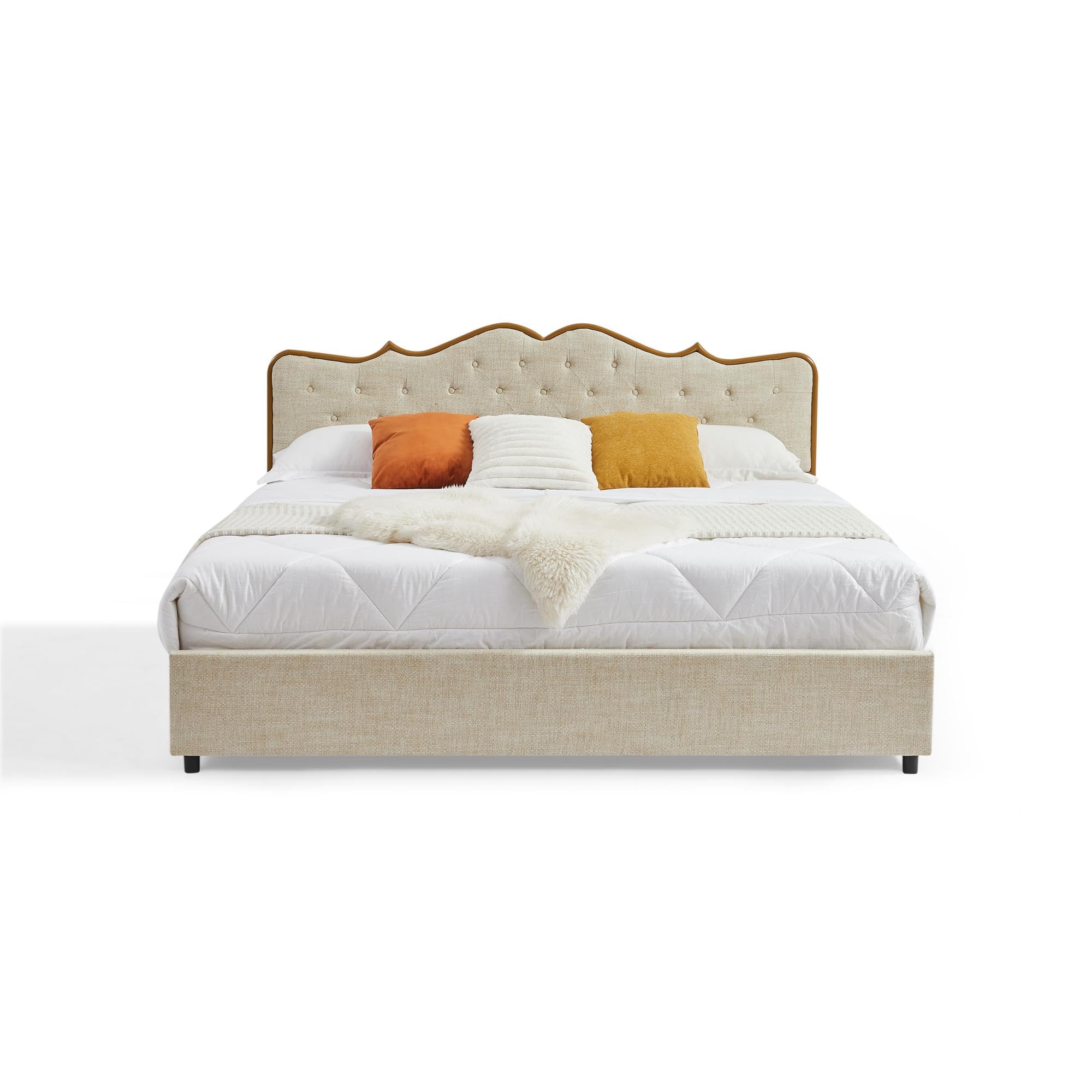 Dolonm King Size Classic Buckle Backrest Platform Bed Frame with Four Storage Drawers Metal Frames Bed Foundation with Wooden Slats Support, Beige + Yellow Leather Sponge Soft Bag Beds