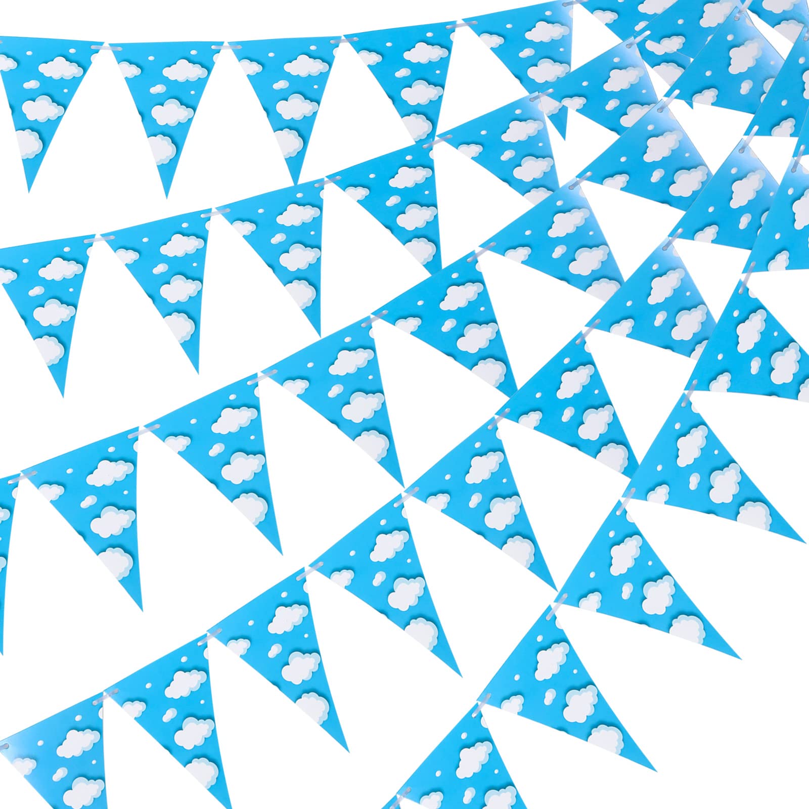 Gersoniel 5 Pcs Blue Triangle Flag with Story Sky White Color Cloud Decor Boy Girl Toy Birthday Party Decoration Story Cartoon Cloud Party Banner One Side Print for Baby Shower Kids Party Supplies