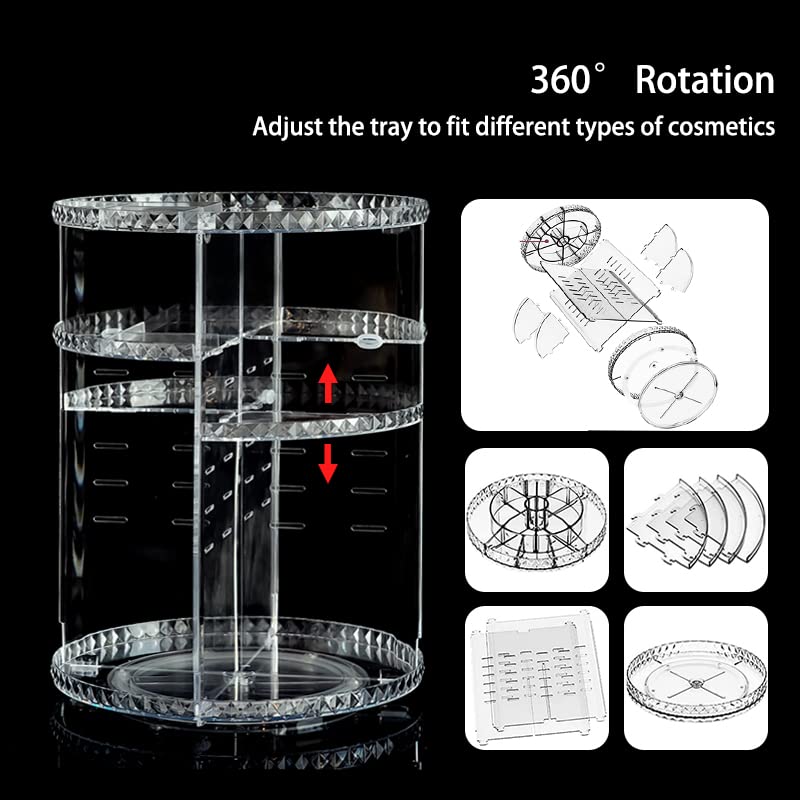 LoengMax 360 Rotating Makeup Organizer, Acrylic DIY Adjustable Spinning Holder, Large Capacity Make up Caddy Shelf, Fits Makeup Brushes Lipsticks (Clear)