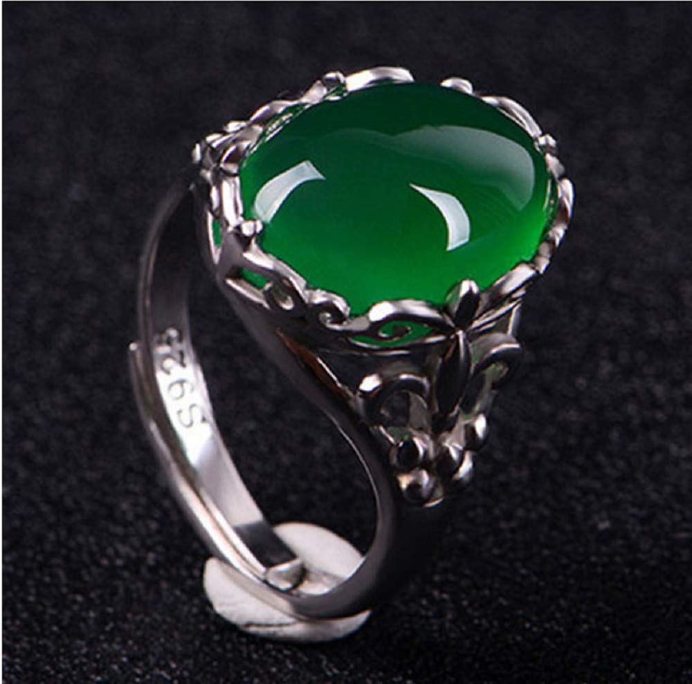 Duan 925 Sterling Silver Green Agate Crystal Ring Emerald Vintage Inlaid Chalcedony Index Finger Opening Adjustable Female Ring
