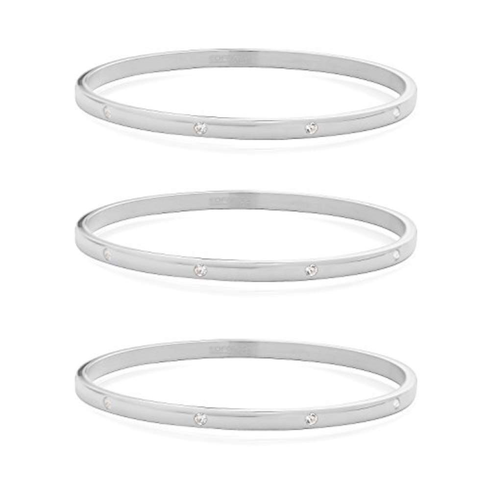 Edforce Stainless Steel Women's Stackable Set of 3 CZ Cubic Zirconia Bangles Bracelets (Silver, 8.5")