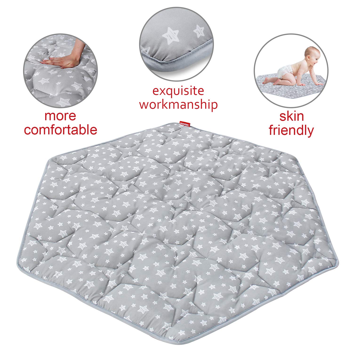 Hexagon Playpen Mat and Toddler Nap Mat with Lovely Grey Star Print