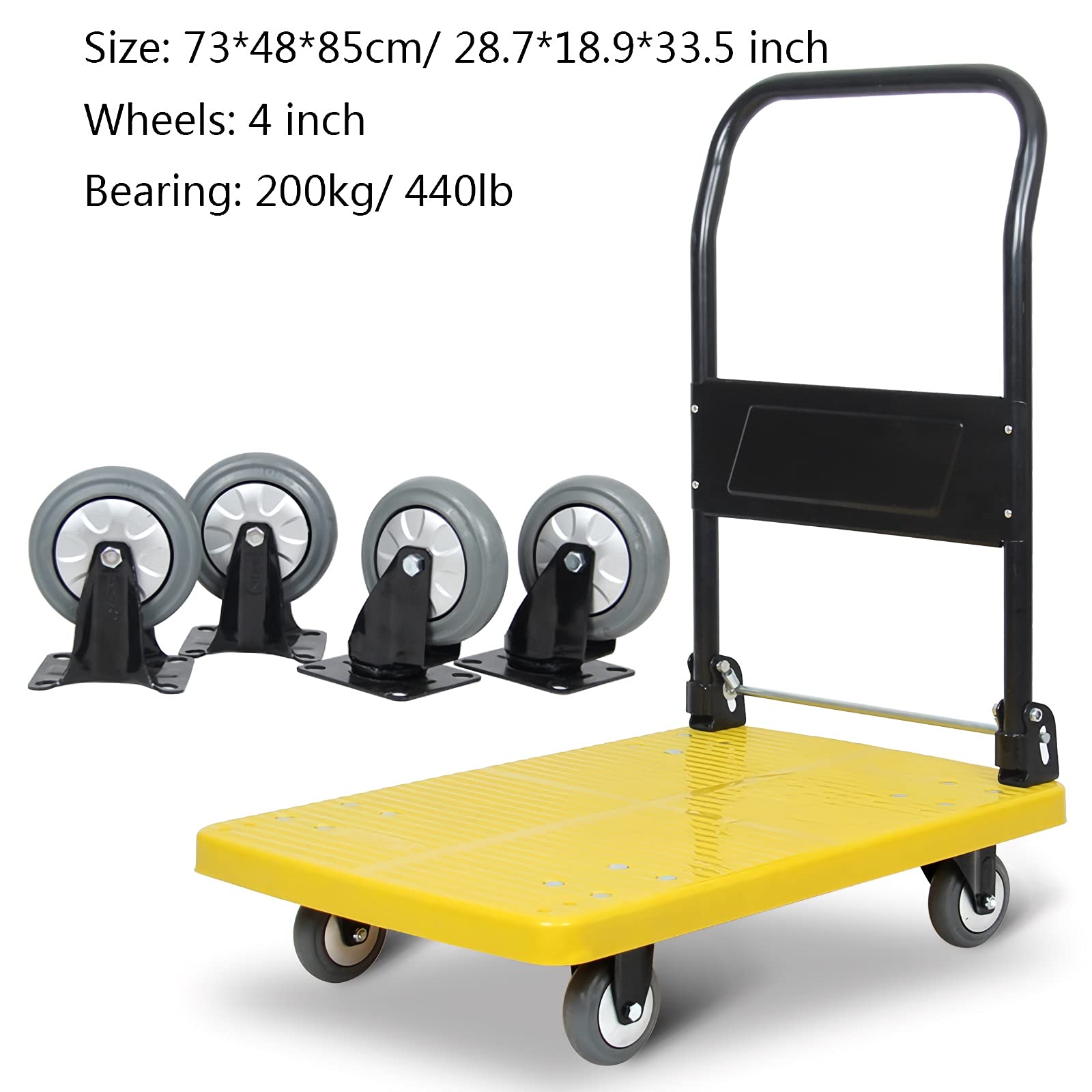 Folding Hand Truck ﻿ Plastic Deck Hand Truck Moving Platform Cart with Metal Foldable Handle Silent Wheels for Office Bookstore High Capacity Trolley Portable Dolly for Moving (Size : Yellow-Small-u