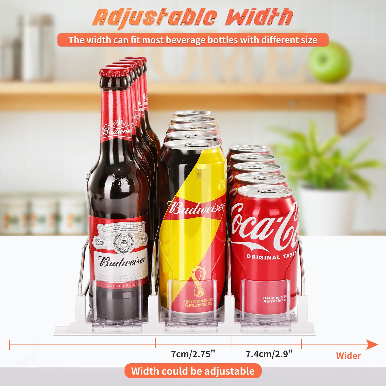 Drink Organizer for Fridge, Self-Sliding Soda Can Organizer for Refrigerator and Adjustable Width, 12oz 16oz 20oz drinks can be accommodated, up to 40+ Cans(5+3 ROWS)