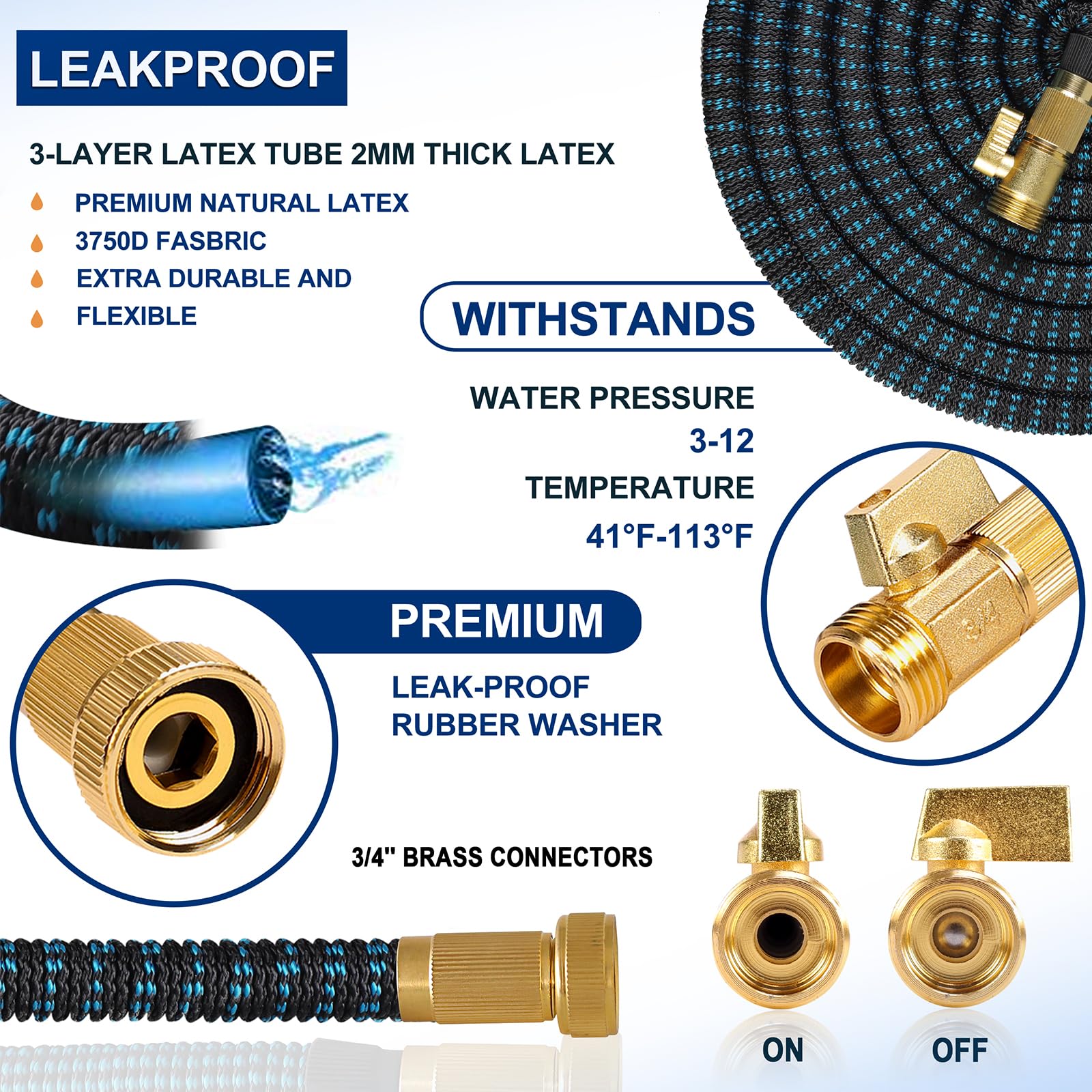 Garden Hose 100FT, Flexible Expanding Water Hose with 10 Function Nozzle, No Kink Lightweight Flexible Garden Water Hose with Solid Fittings for Watering Washing (BLUE)