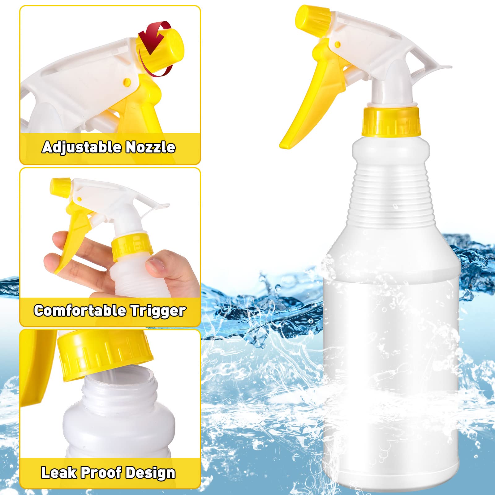 Yaomiao 12 Pcs Empty Spray Bottles 16 oz Plastic Spray Bottles Leak Proof Spray Bottles Squirt Bottle with Adjustable Yellow Nozzle Refillable Water Spray Bottle for Hair Home Cleaning Industrial Use