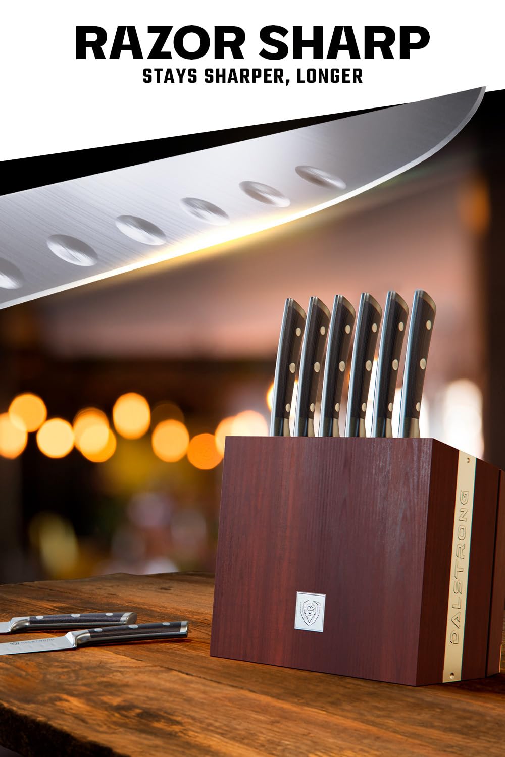 Dalstrong Steak Knife Set - 8 Piece - 5 inch Straight Edge Blade - Gladiator Series Elite - Forged High-Carbon German Steel Dinner Kitchen Knife - Black G10 Handle - Folding Block Set - NSF Certified