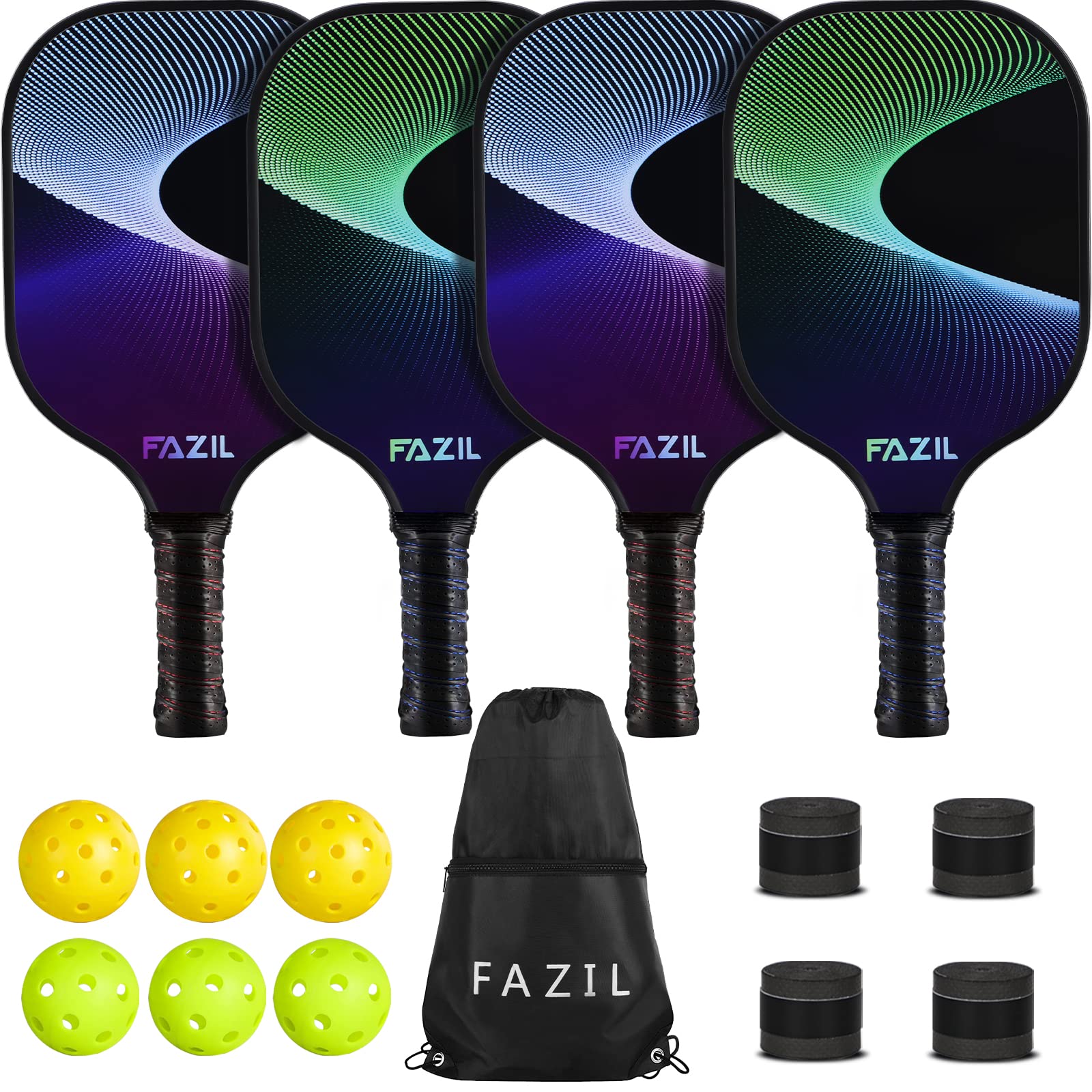 Fazil Pickleball Paddles Set of 4, Graphite Surface Polypropylene Honeycomb Core Pickle ball Raquette Set with Cushion Grip, Pickleball Rackets 6 Pickleball Balls Portable Racquet Bag for Men Women