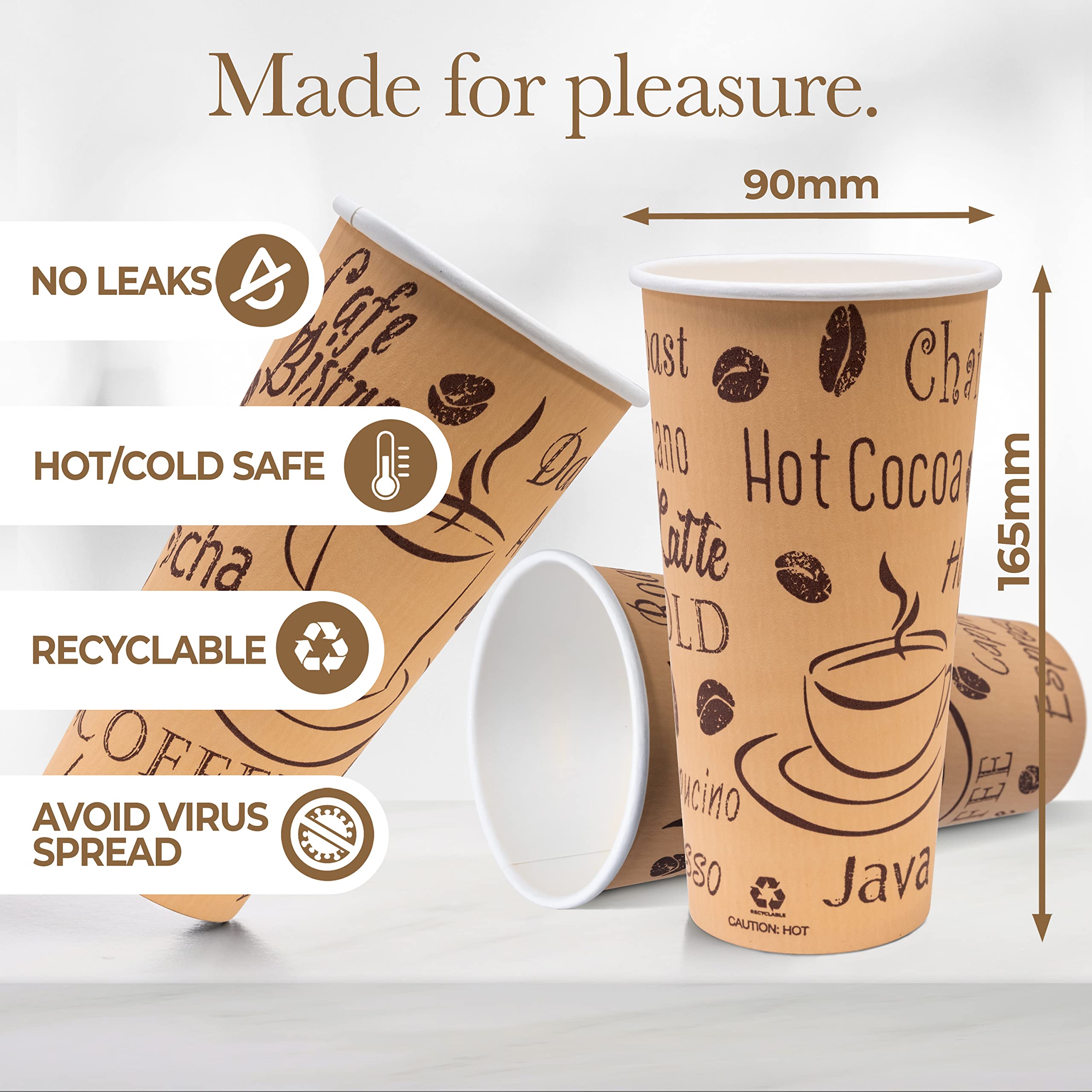 Disposable Coffee Cups with Lids 16 oz (100 Pack) - To Go Paper for Hot & Cold Beverages, Coffee, Tea, Chocolate, Water, Juice Eco Friendly