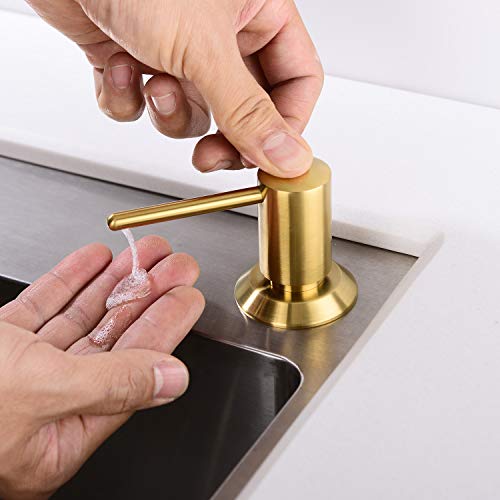 KMEINO Gold Soap Dispenser, Built in Undermount Soap Dispenser Brass Commercial, Brushed Gold Metal Pump Head Liquid Lotion Kitchen Countertop Soap Dispenser with 500ml PP Bottle