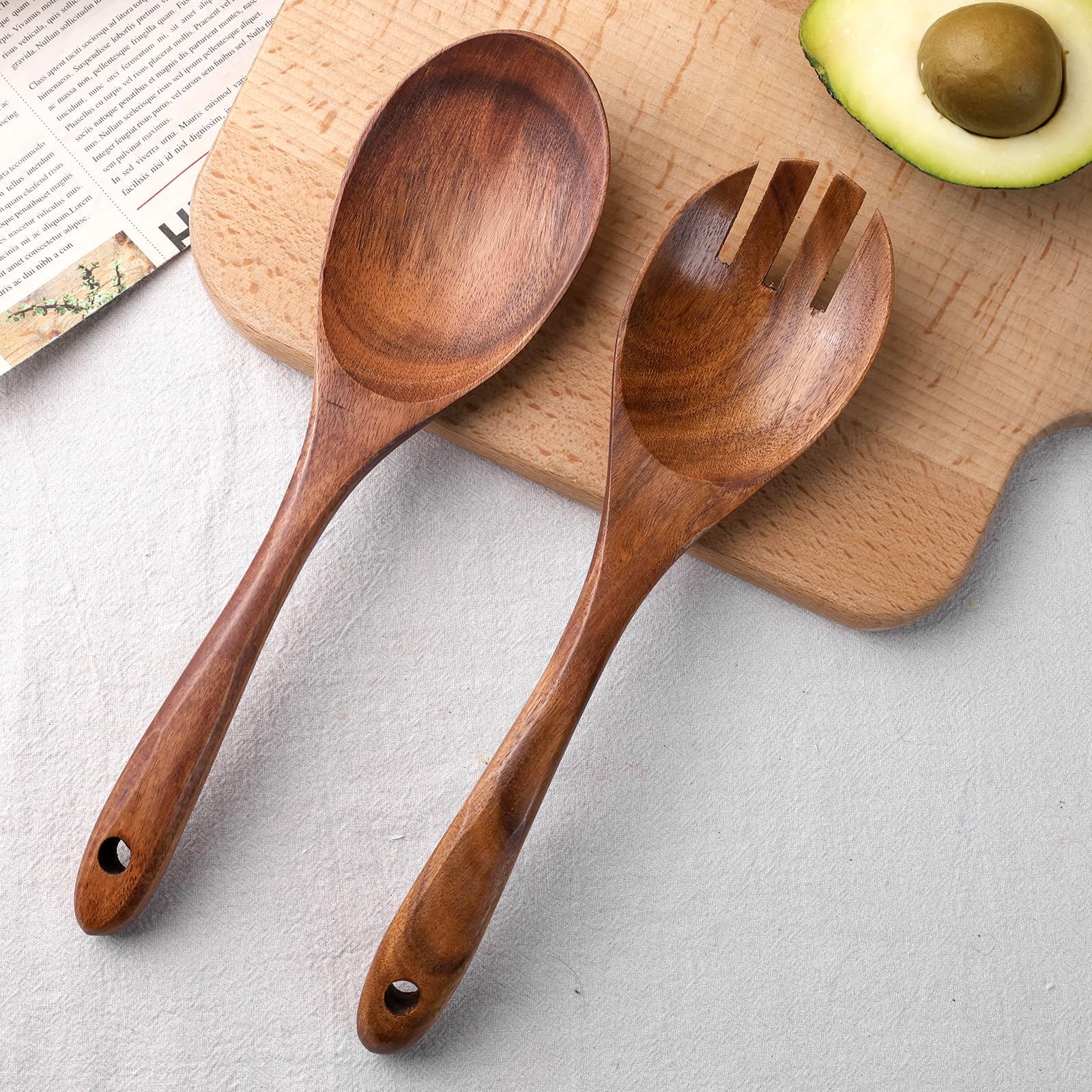 LOVEINUSA Salad Servers, 10.7in Wood Salad Tongs Salad Serving Set Salad Serving Tossing Utensils for Mixing, Tossing and Cooking