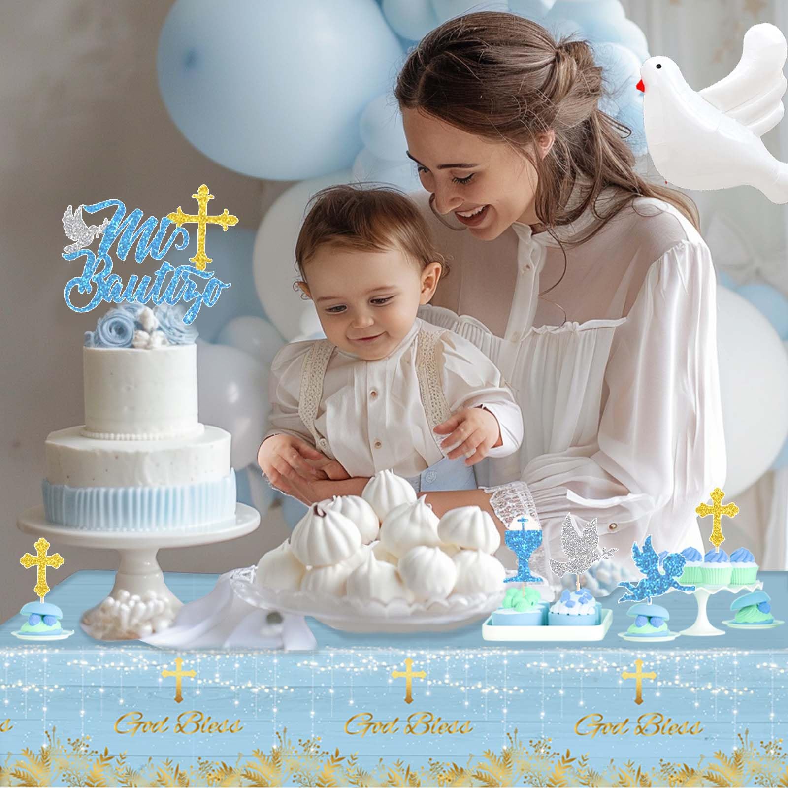 Hombae Mi Bautizo Decorations for Boys, Bautizo Decorations, Blue Baptism Decorations, First Communion Christening Decorations for Baby Boy, Backdrop Tablecloth Balloon Banner Cake Cupcake Topper