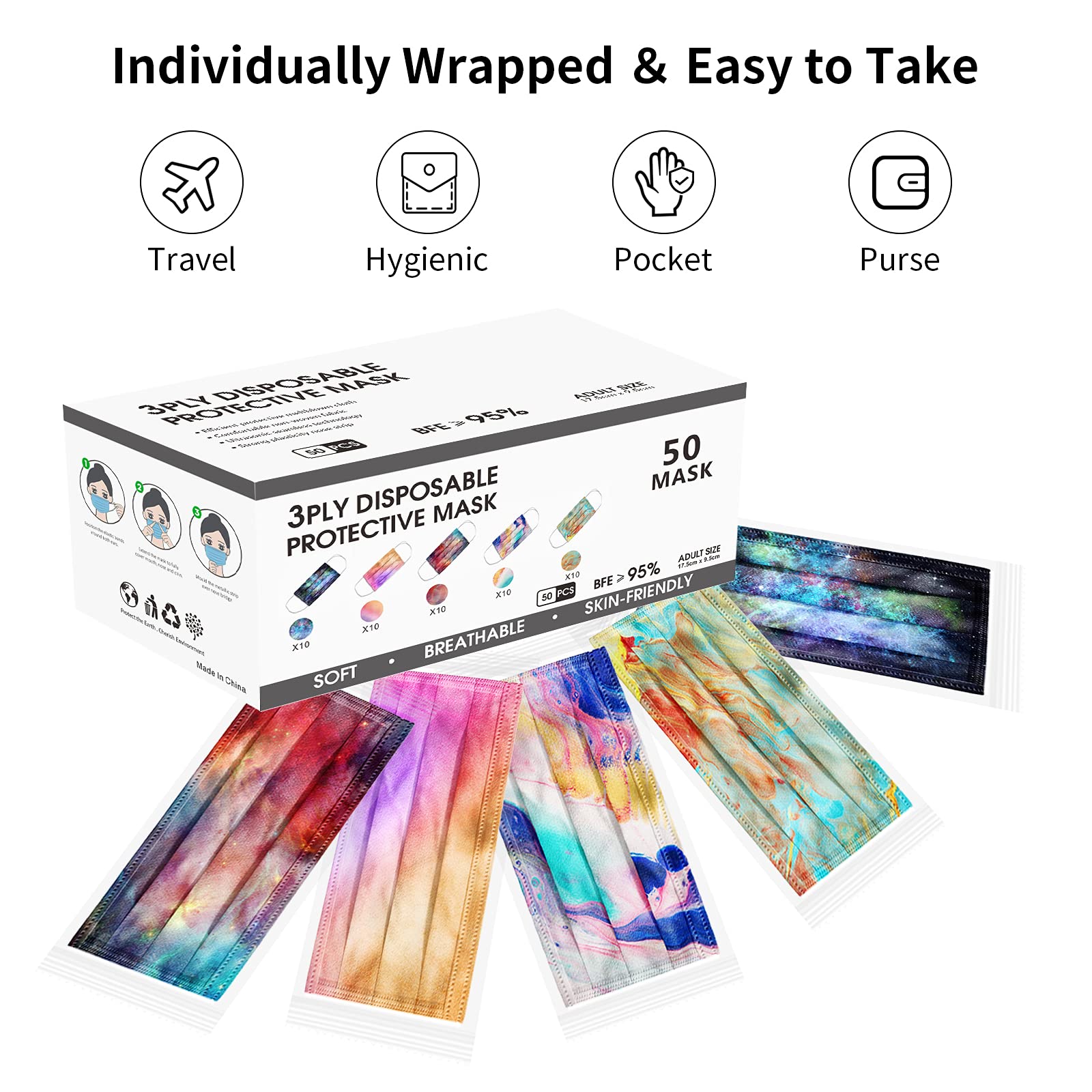 Disposable Face Mask Individually Wrapped - 50 Pcs Face Mask Non Woven Disposable 3 Ply Earloop for Men & Women