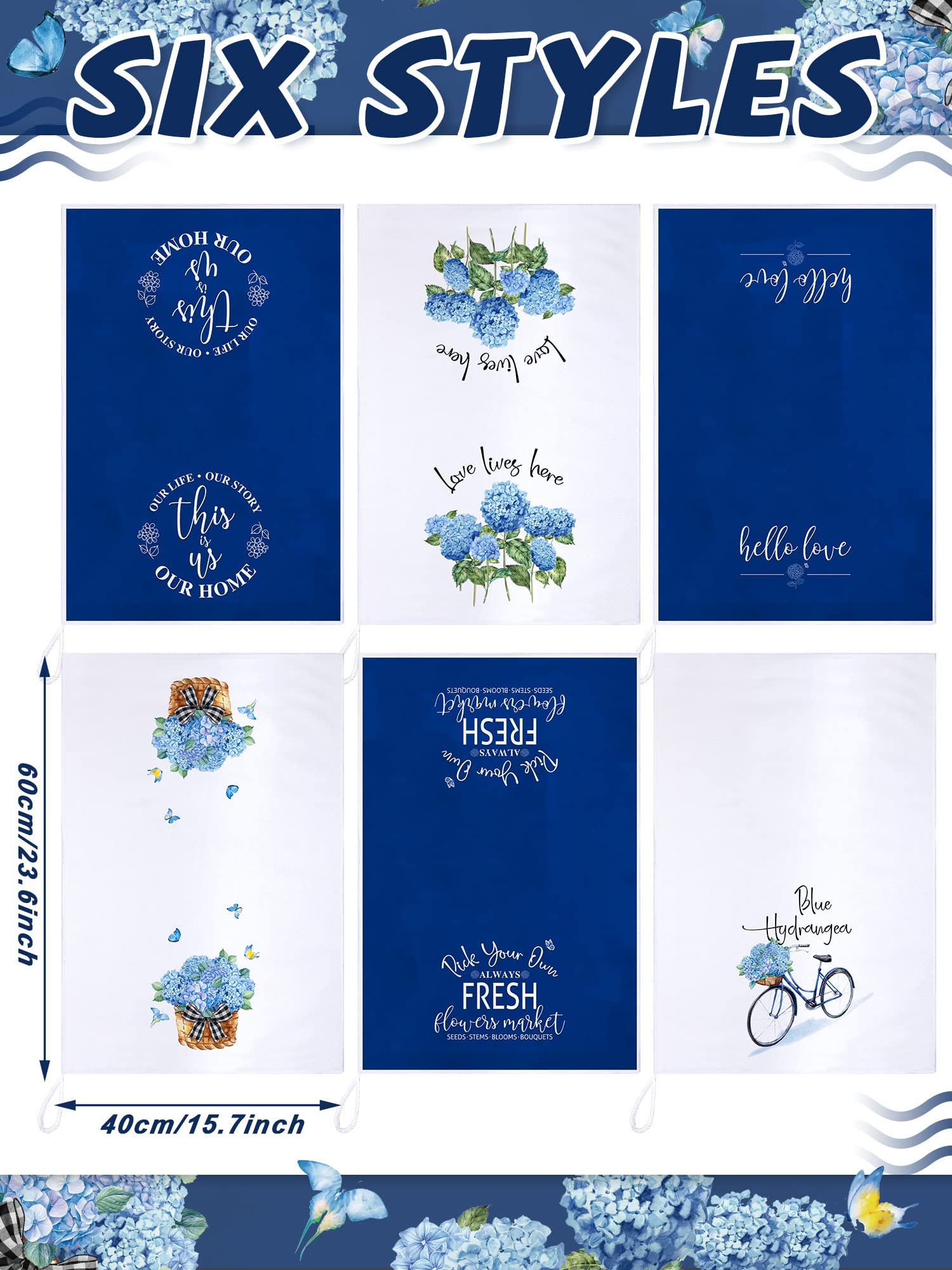 Geyoga 6 Pcs Kitchen Towels Blue Hydrangea Hand Towels Butterfly Kitchen Dish Towels Microfiber Drying Towels for Kitchen Bathroom Party Wedding Home Decorations (15.7 x 23.6 Inch)