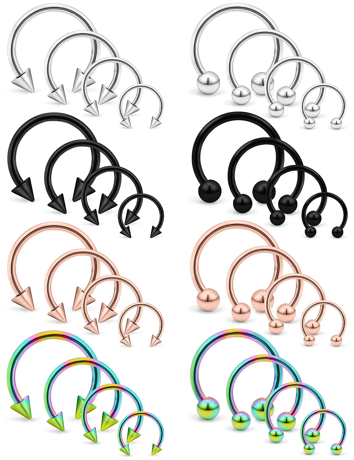 Dyknasz 32PCS 16G Variety of Sizes Horseshoe Rings Surgical Steel Nose Septum Horseshoe Hoop Earring Eyebrow Tragus Lip Rings Daith Helix Piercing Jewelry for Women Men