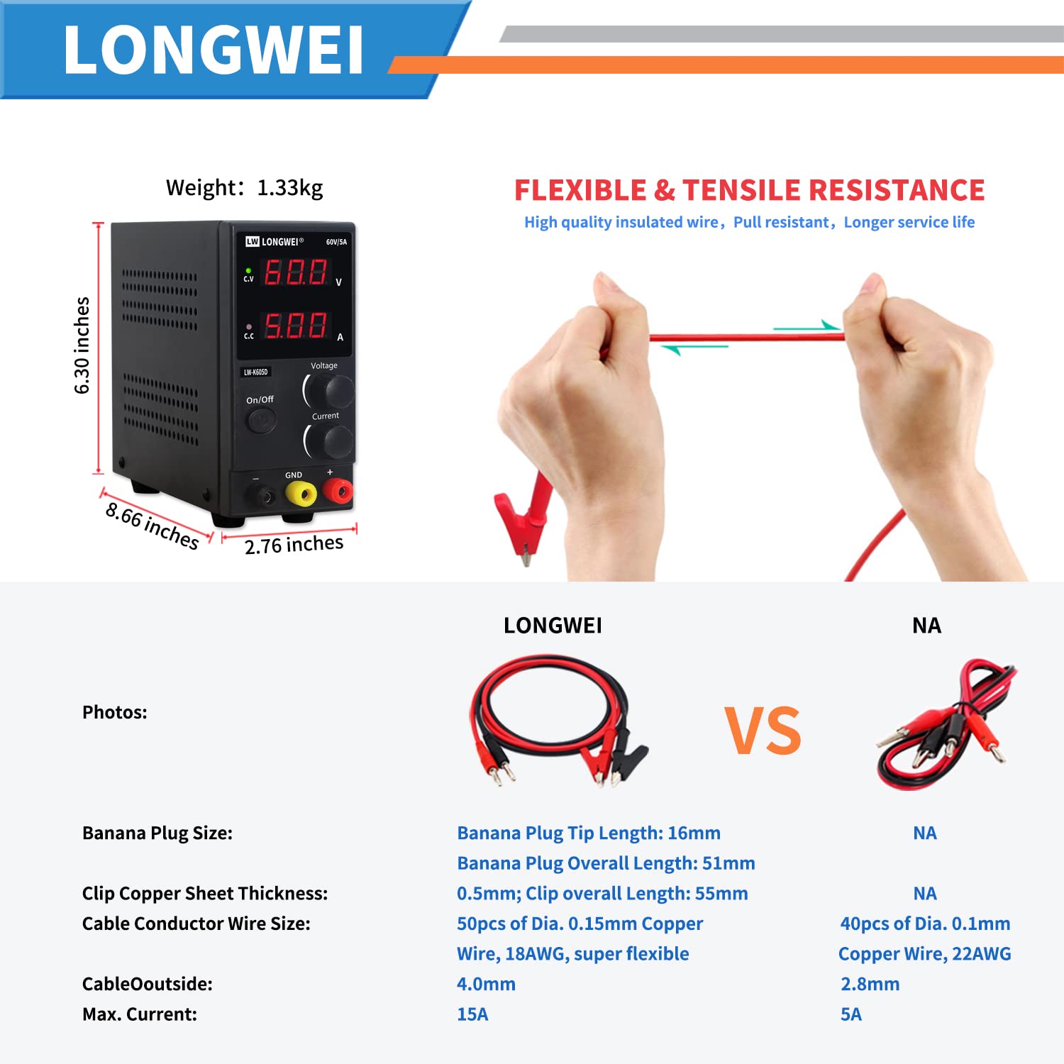 DC Power Supply Variable 60V 5A,Adjustable Regulated Switching Power Supply Digital with Alligator Leads US Power Cord for Repair