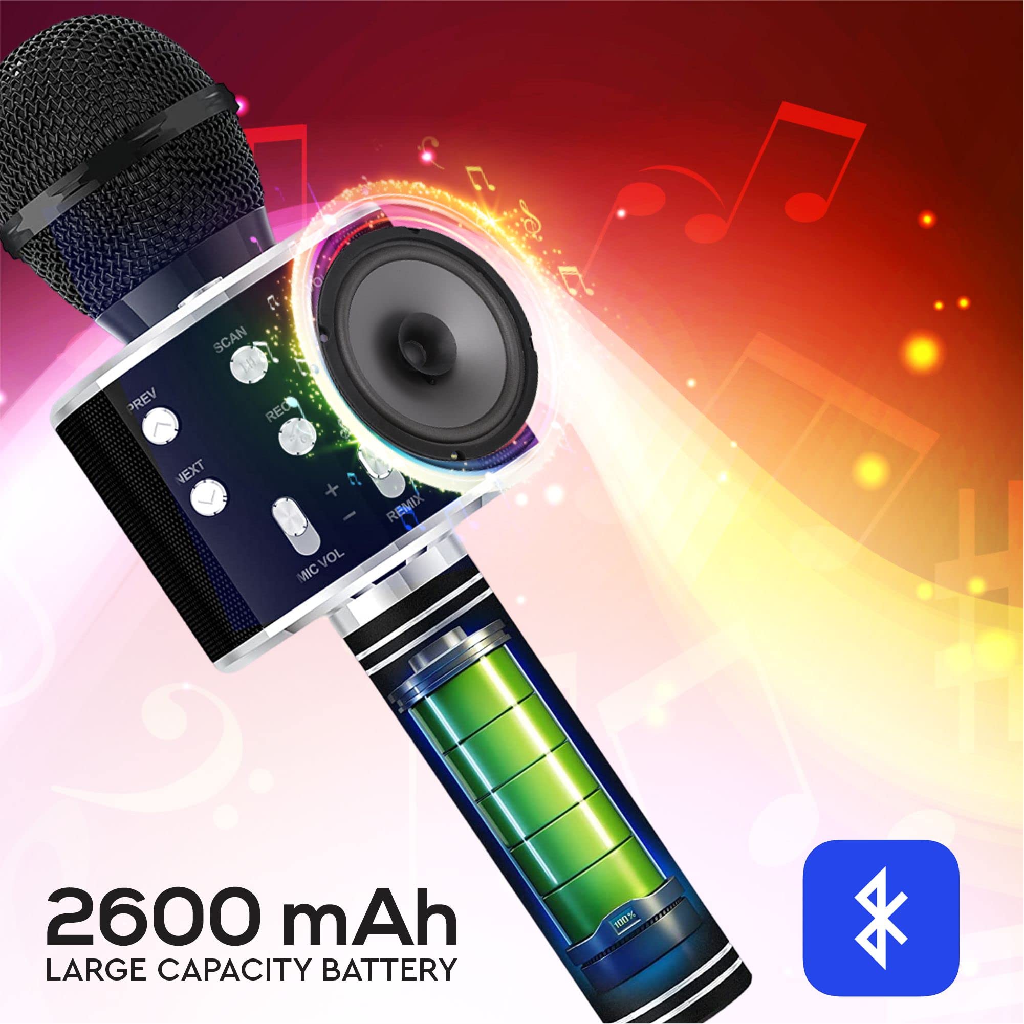 FDY Bluetooth Karaoke Microphone for Kids Adults, Wireless Bluetooth Microphone for Singing with Voice Changing Karaoke Mic Speaker Recorder for 3-13 Years Girls Boys Christmas Birthday Gift-Black