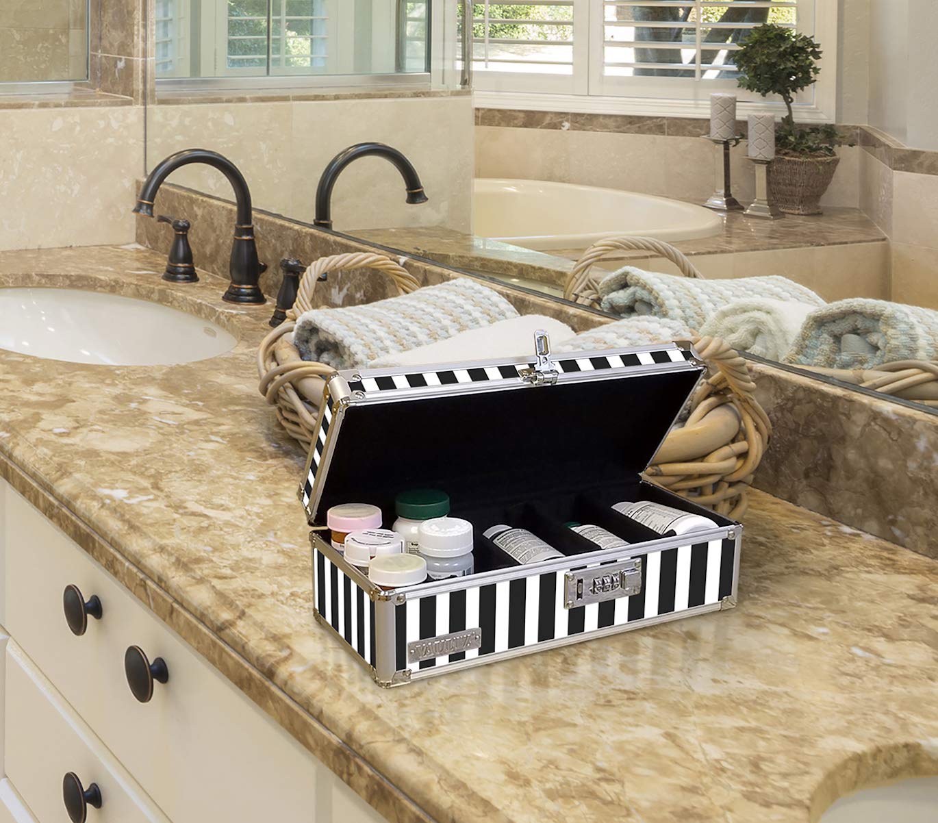 Vaultz Locking Medicine Storage Box with Combination Lock, 3.75" x 11.88" x 5.25", Black & White Stripe (VZ00345)
