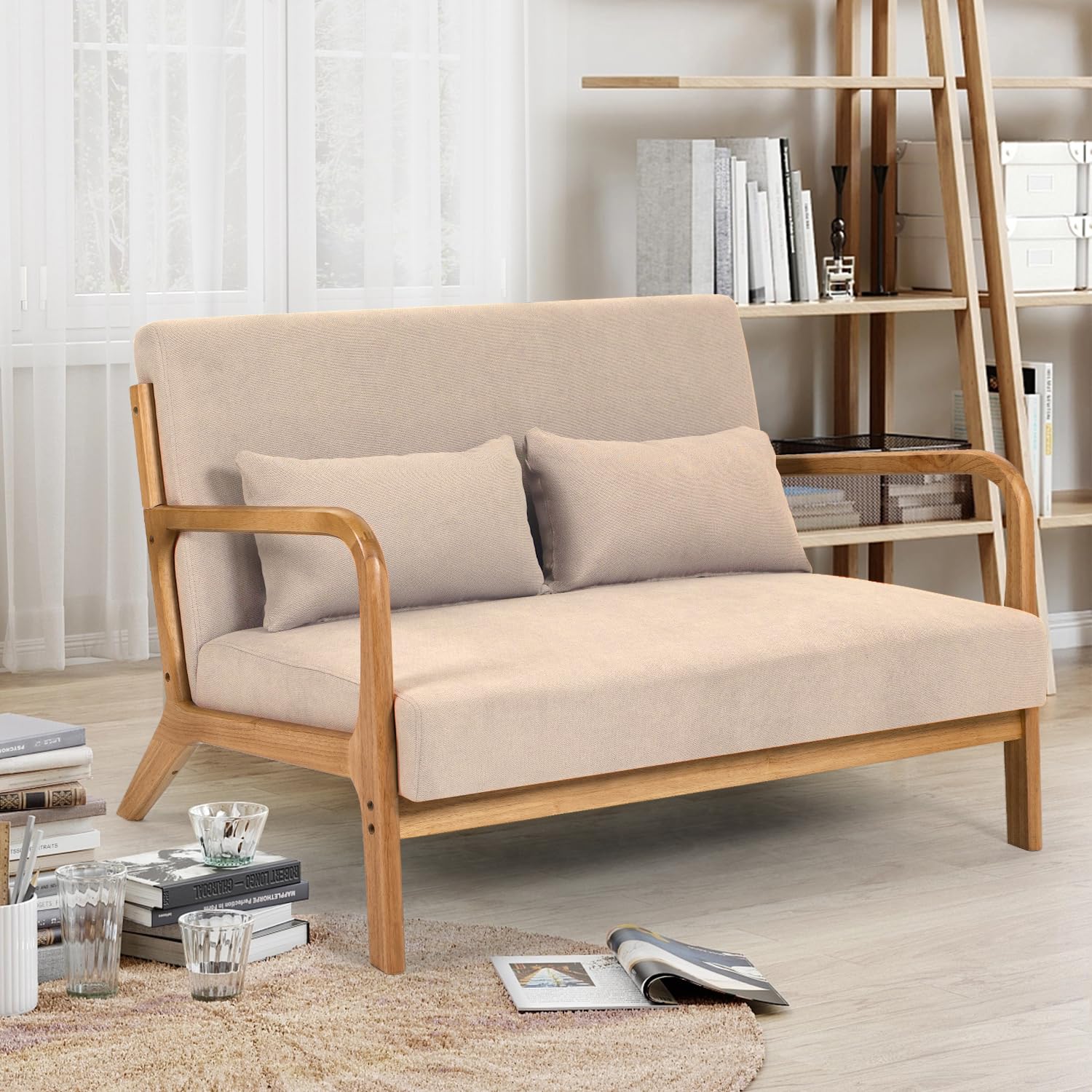 Loveseat Sofa Small Couch, Mid Century Modern Accent Chair 2 Seat Couch with 2 Pillows for Small Space, Living Room, Bedroom