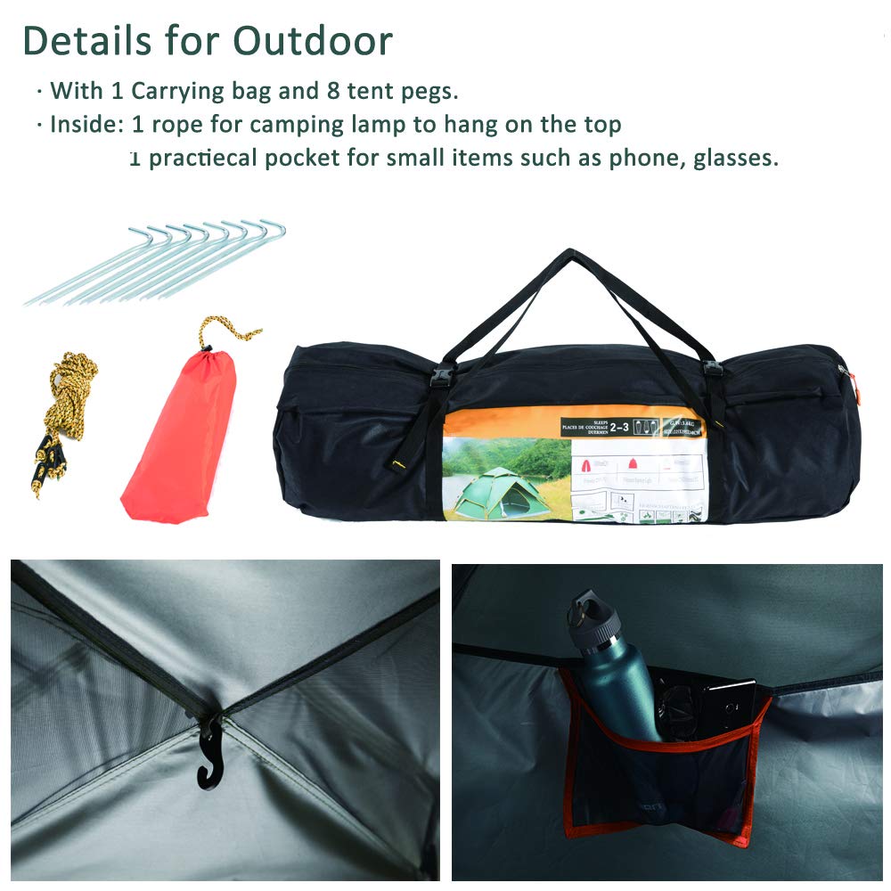 Diamond Candy Pop Up Tents for Camping 2-3 Person, 3000mm Waterproof Tent, Instant Setup in 60 Seconds, 2 Ventilated Mesh Doors, 8x7 ft Sun Shelter