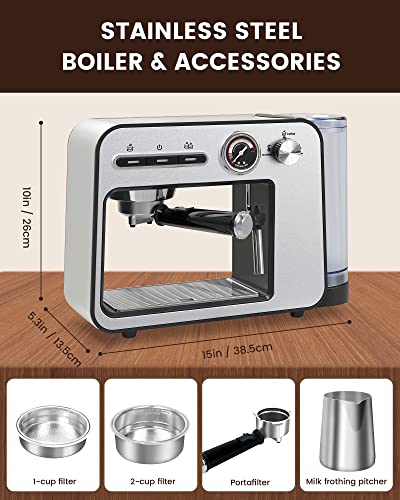 Teglu Espresso Machine 20 Bar with Milk Frother, Semi-Automatic Latte & Cappuccino Coffee Maker Duo-cup 33oz/1L Removable Water Tank for Home/Office, 1450W, Stainless Steel