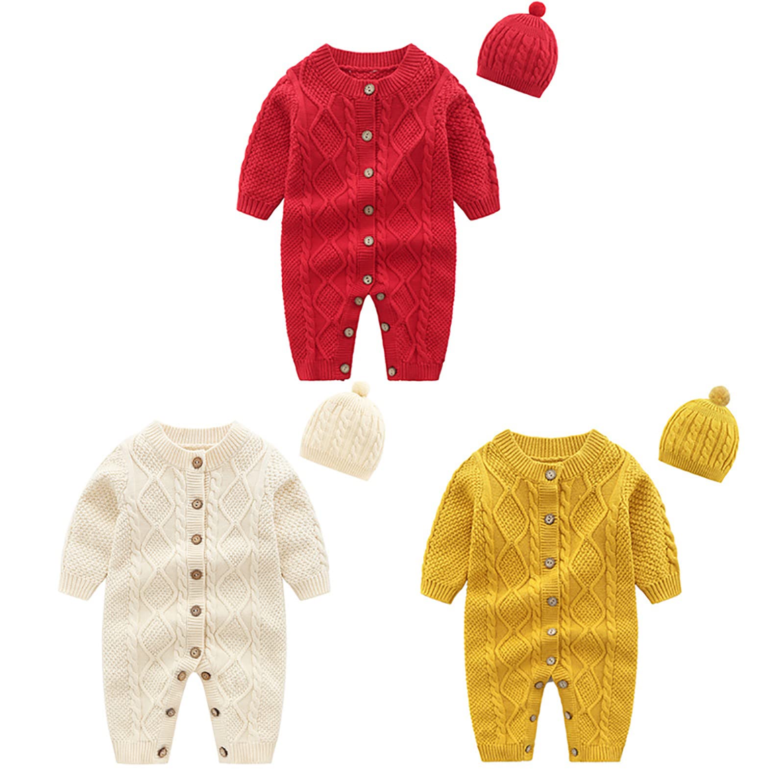 IADOER Baby Newborn Boy Knitted Sweater Romper Cotton Longsleeve Outfit with Kids Winter Warm Hats Set(Yellow 0-3M
